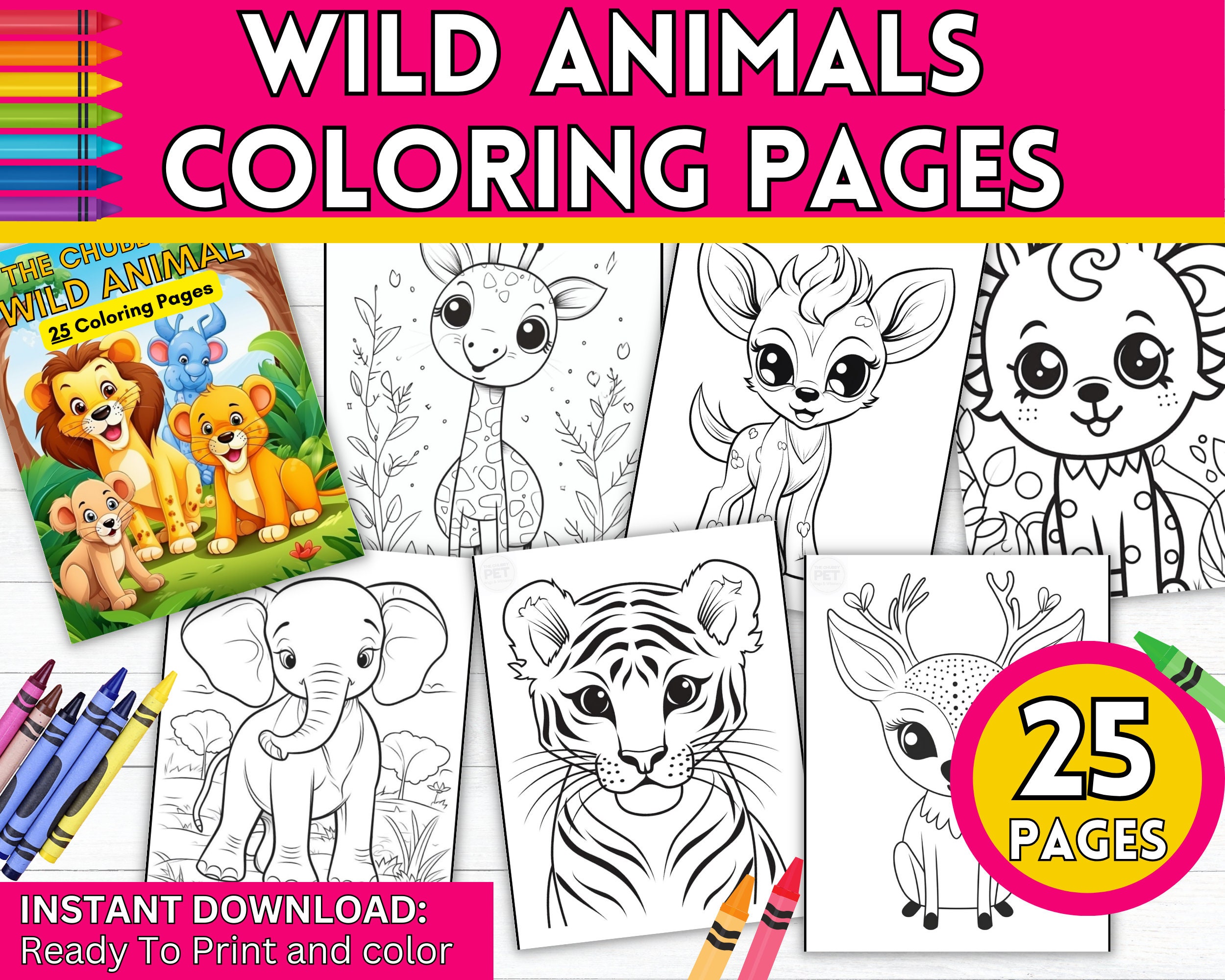 Wild Animals Coloring Book Printable, 25 Page Kids Activity, Instant ...