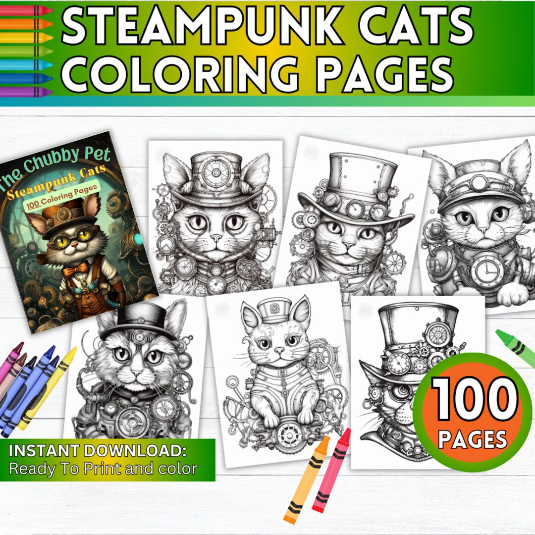 Steampunk Cats Coloring Pages, Printable Adult Coloring Book, Digital ...