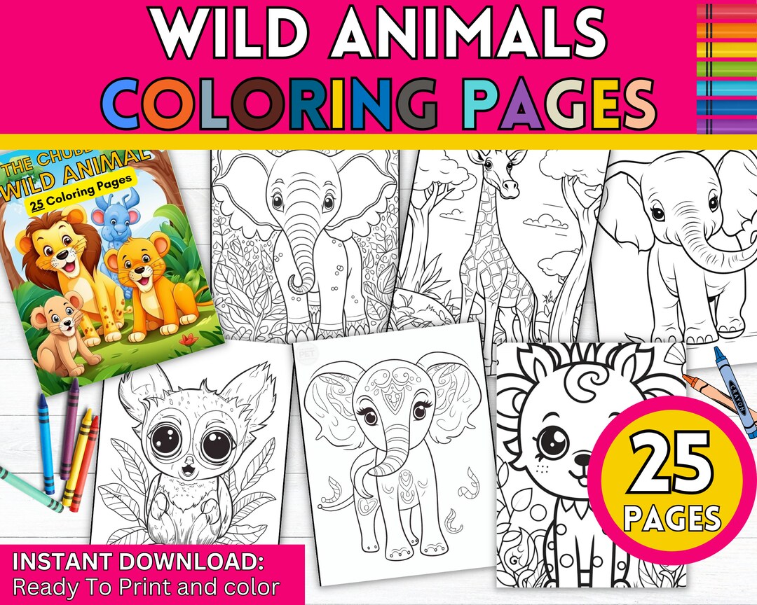 Wild Animals Coloring Book Printable, 25 Page Kids Activity, Instant ...