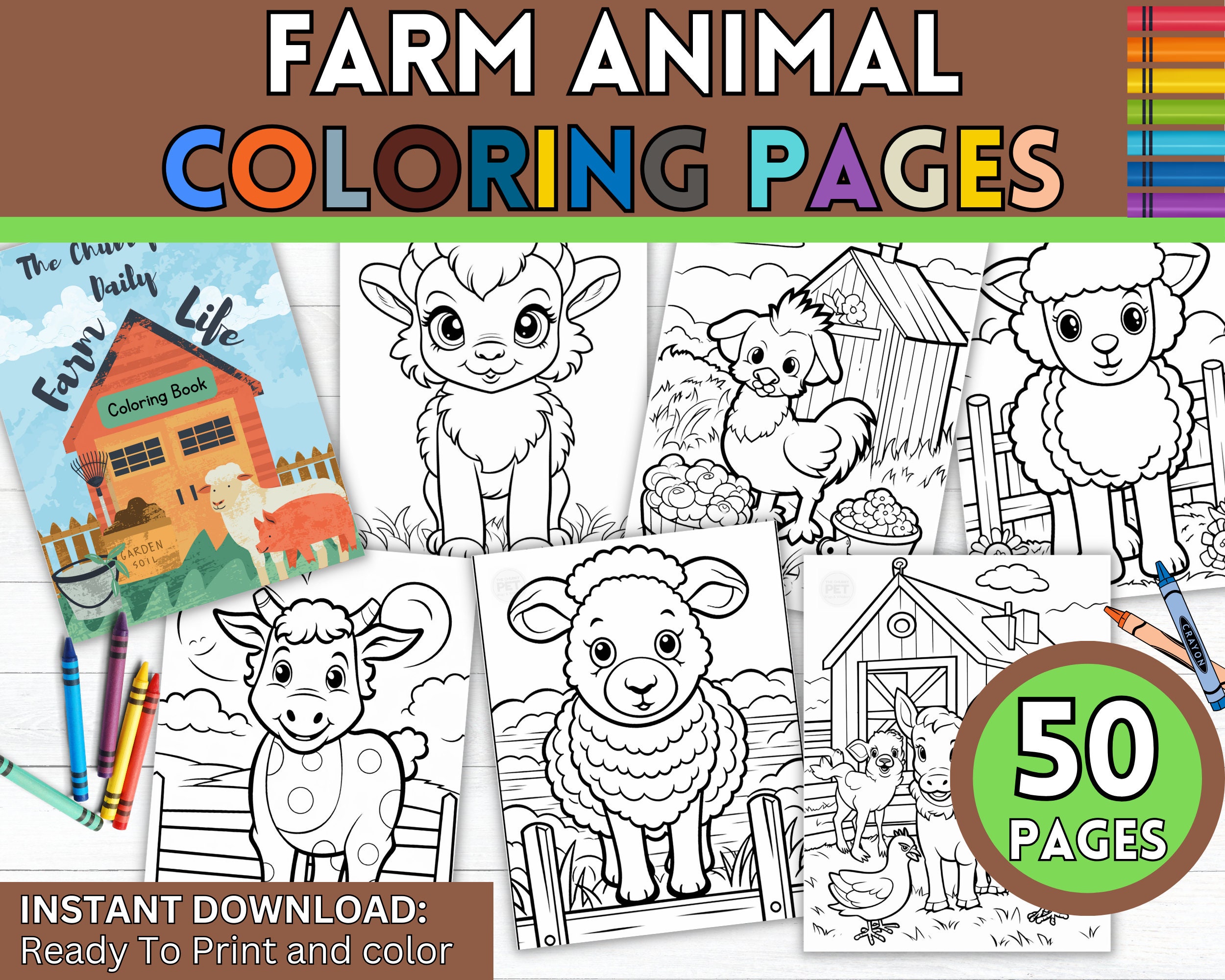 Farm Animal Coloring Pages Digital Download, 50 Printable Sheets, Kids ...