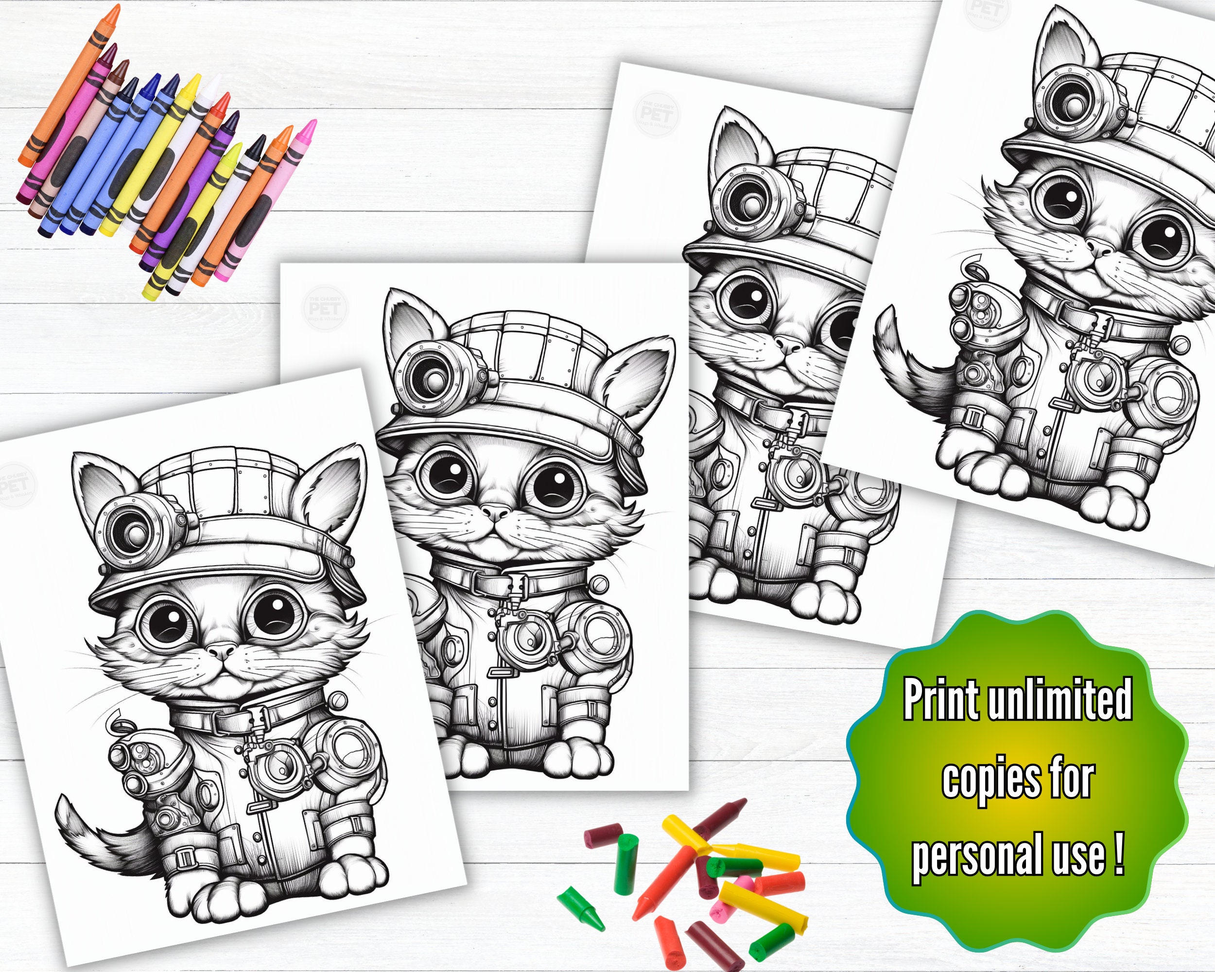 Steampunk Cats Coloring Pages, Printable Adult Coloring Book, Digital ...
