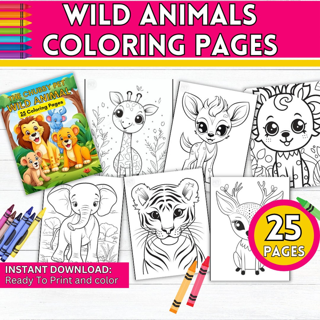 Wild Animals Coloring Book Printable, 25 Page Kids Activity, Instant ...