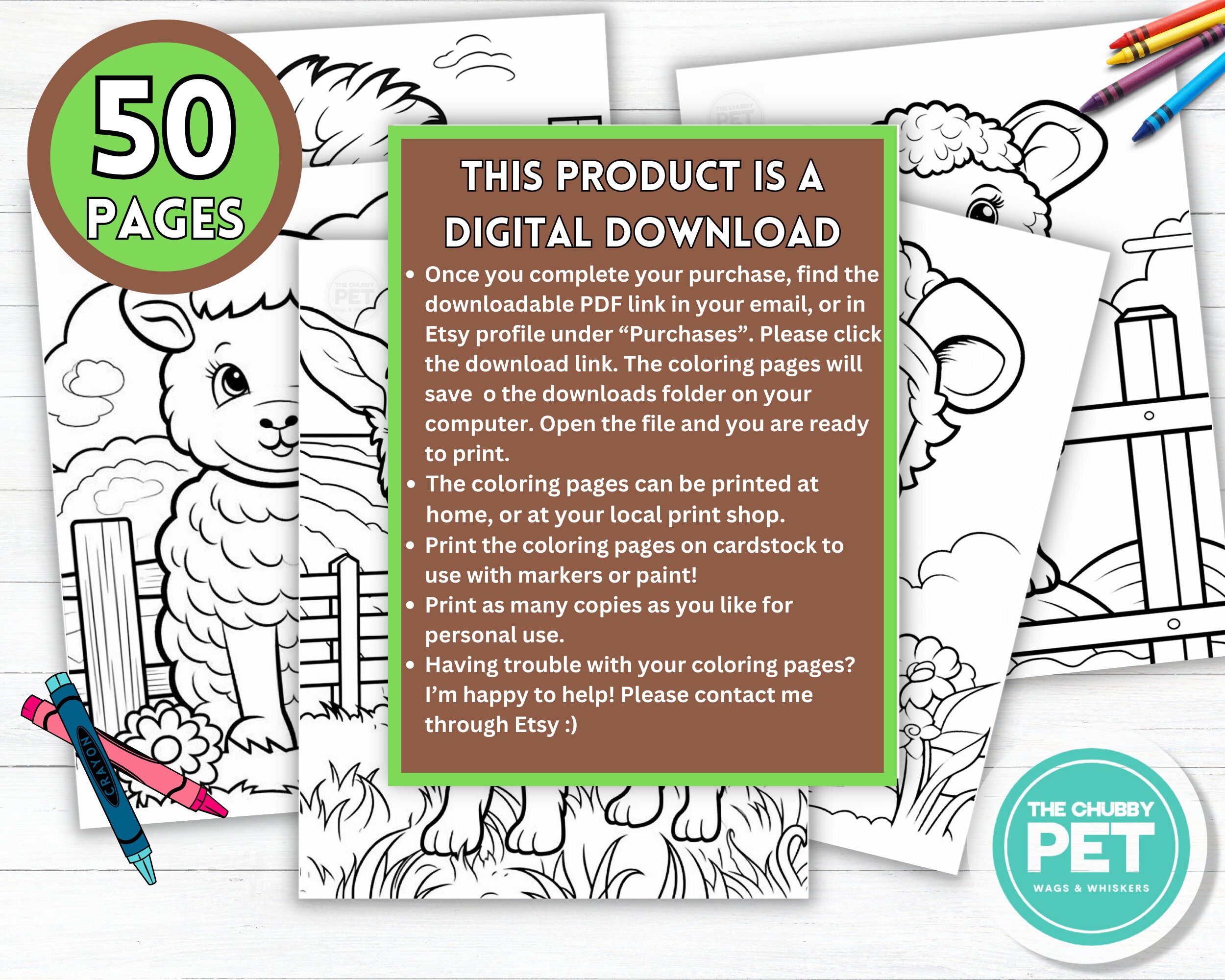 Farm Animal Coloring Pages Digital Download, 50 Printable Sheets, Kids ...