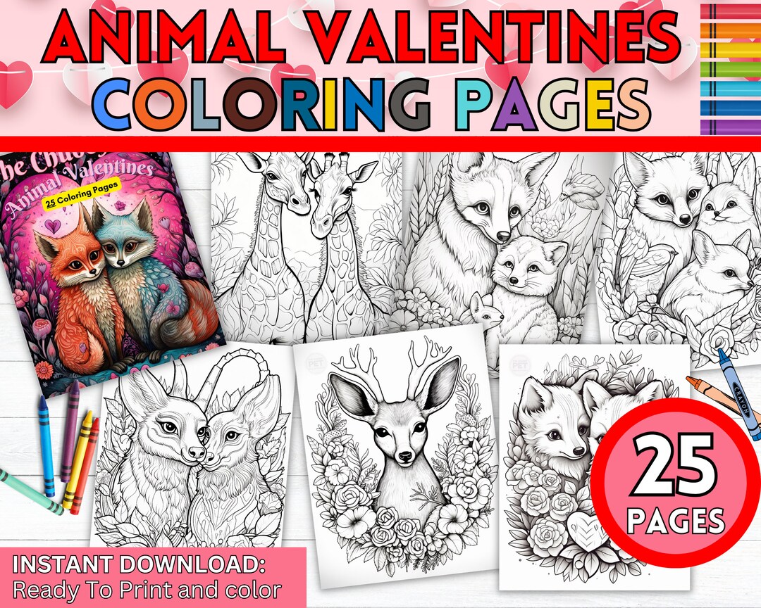 Animal Valentines Coloring Pages, Instant Download, Printable PDF, Kids ...
