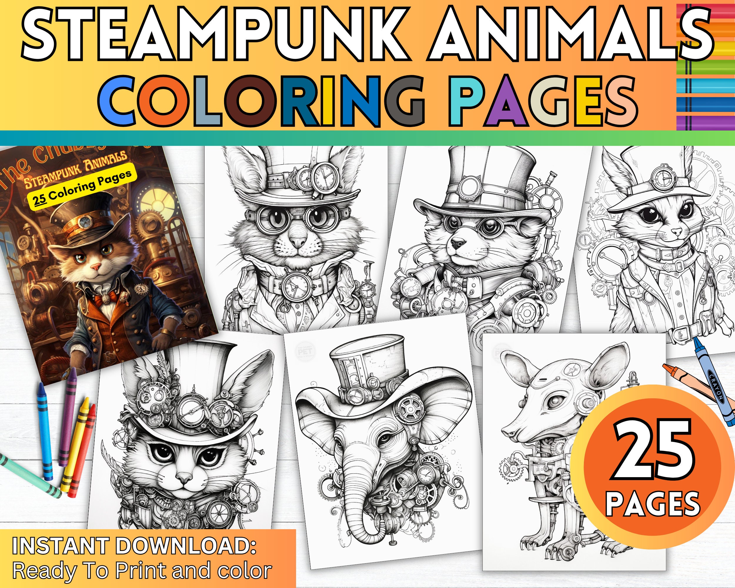 Steampunk Animals Coloring Pages, Instant Download, Printable Adult ...