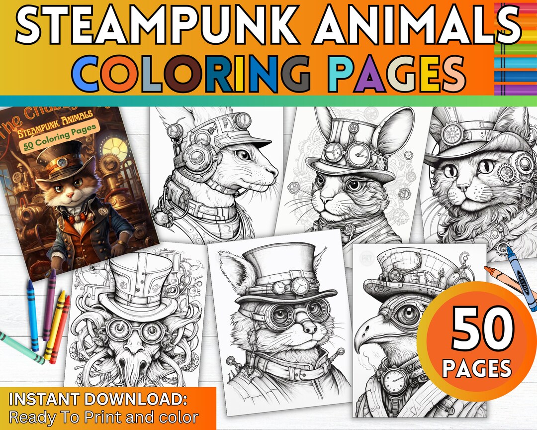 Steampunk Animals Coloring Pages, Digital Download, 50 Unique Printable ...