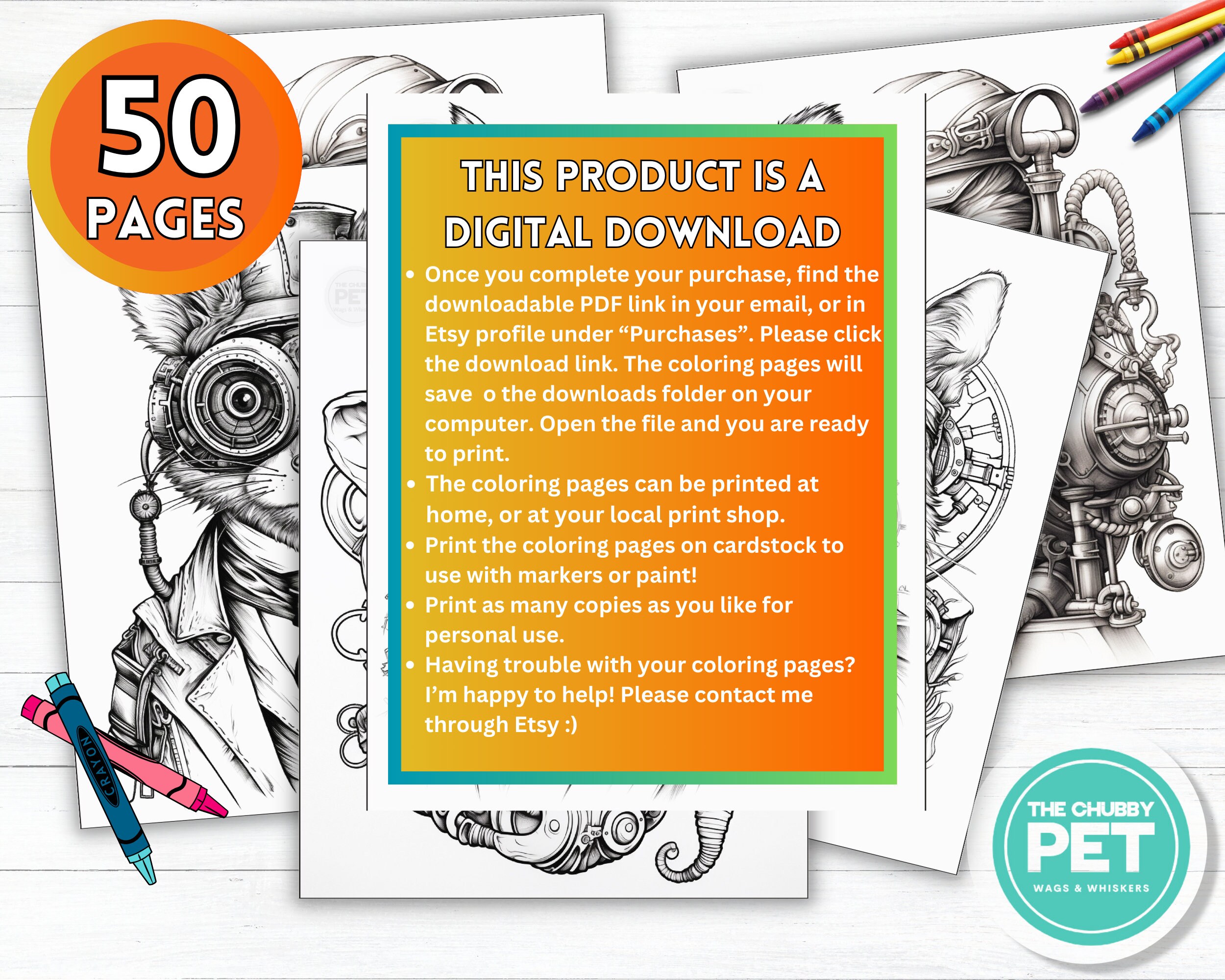 Steampunk Animals Coloring Pages, Digital Download, 50 Unique Printable ...