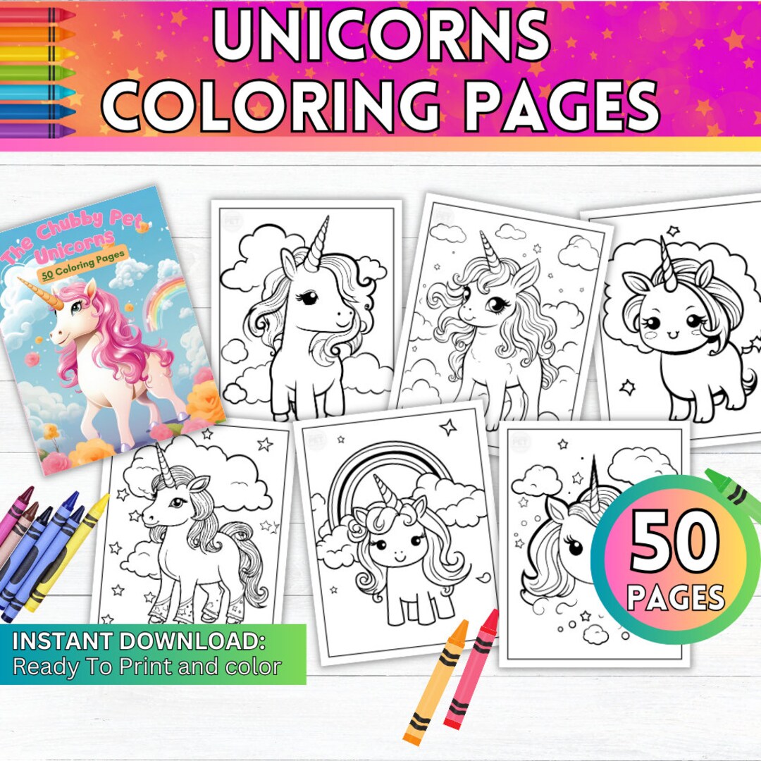 Printable Unicorn Coloring Pages, Kids Activity, Digital Download, 50 ...