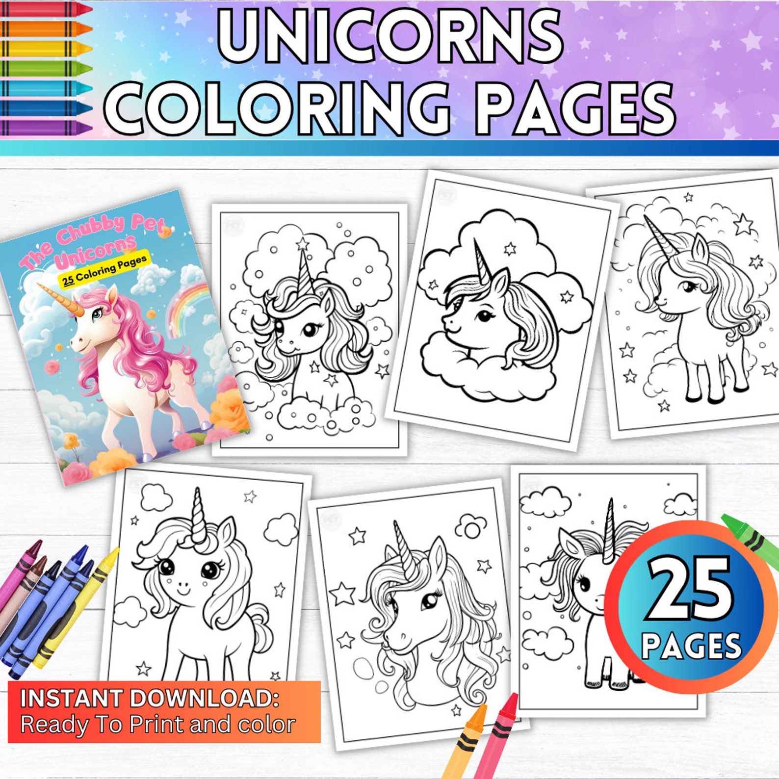 Printable Unicorn Coloring Pages, Kids Digital Coloring Book, Instant ...