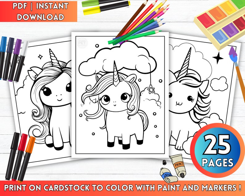 Printable Unicorn Coloring Pages, Kids Digital Coloring Book, Instant ...