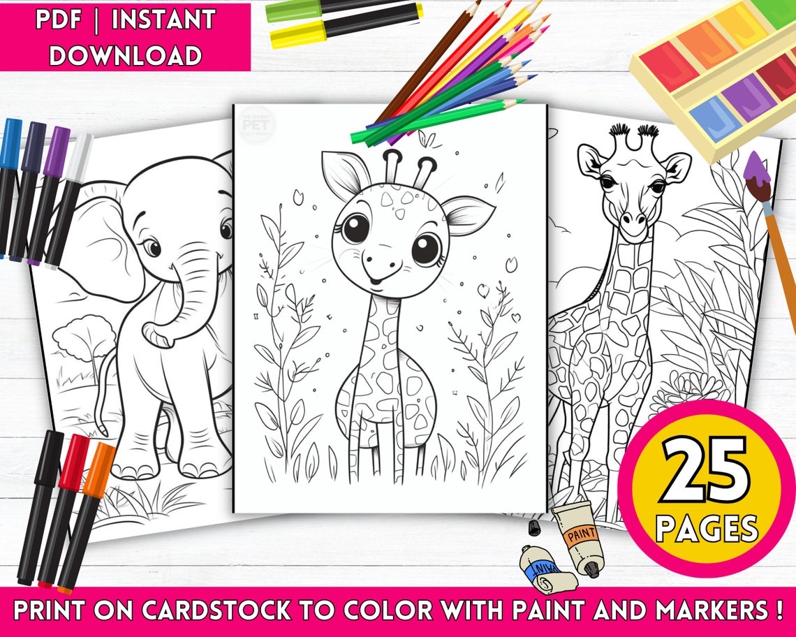 Wild Animals Coloring Book Printable, 25 Page Kids Activity, Instant ...