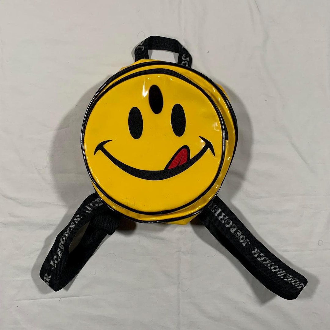 90s / 2000s Y2k Vintage Yellow and Black Acid Rave Raver Smile Face Joe ...