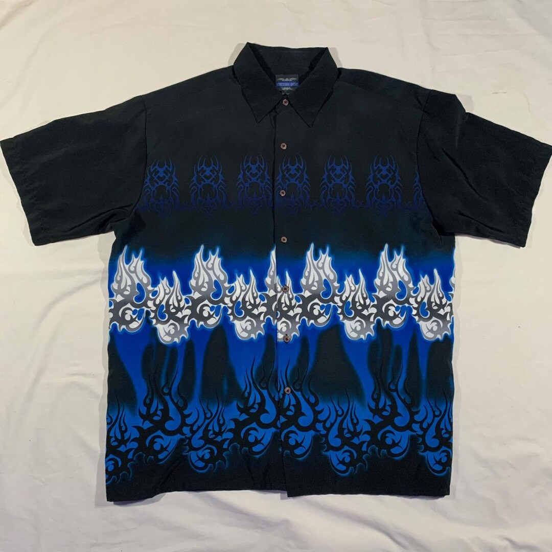 Vintage 90s / 2000s Y2k Tribal Flame Fire All Over Print Button up ...