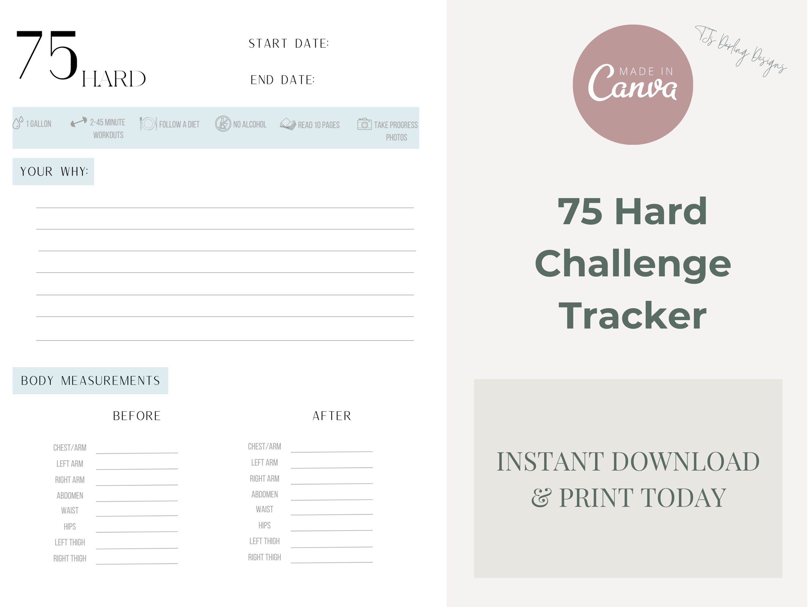 Simple 75 Hard Challenge Tracker, Minimalist 75 Hard Tracker, Easy 75 ...