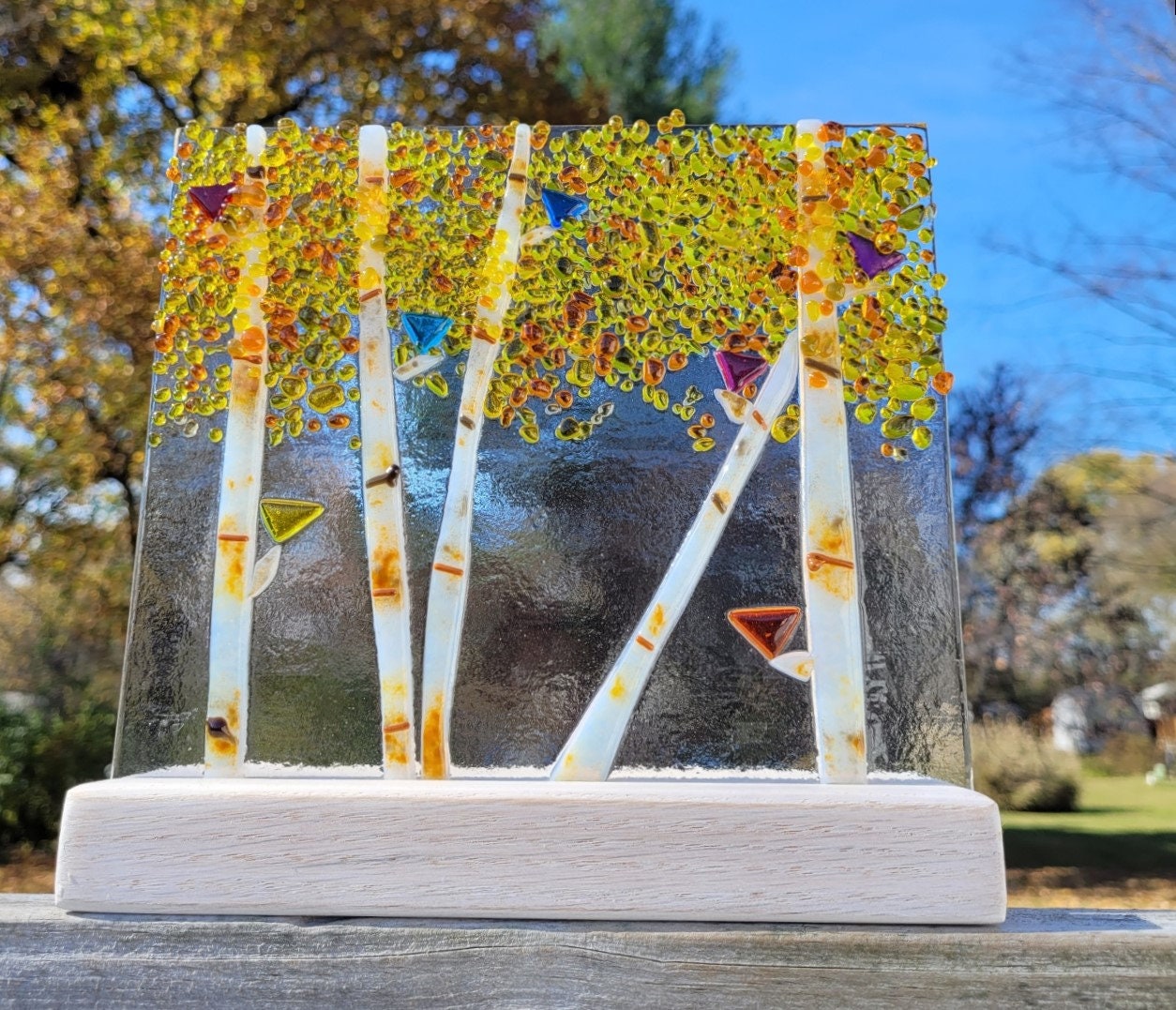 Treetops- Quaking Aspen Fused Glass 7x8 Piece in Oak Stand - Etsy