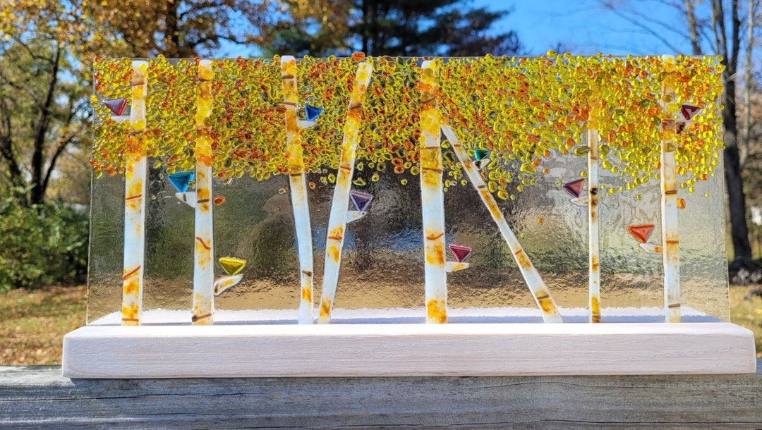Treetops- Quaking Aspen Fused Glass Panel in Oak Stand - Etsy