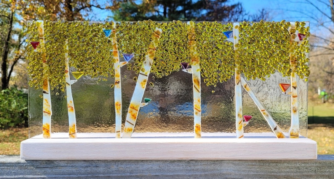 Treetops Fused Glass Panel in Oak Stand - Etsy