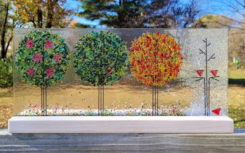 Four Seasons Fused Glass Panel in an Oak Stand - Etsy