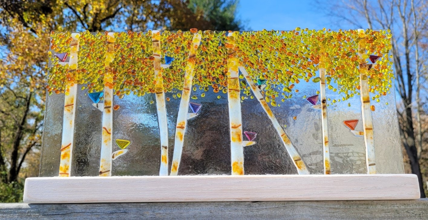 Treetops Quaking Aspen Fused Glass Panel in Oak Stand - Etsy