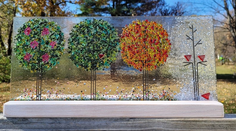 Four Seasons Fused Glass Panel in an Oak Stand - Etsy