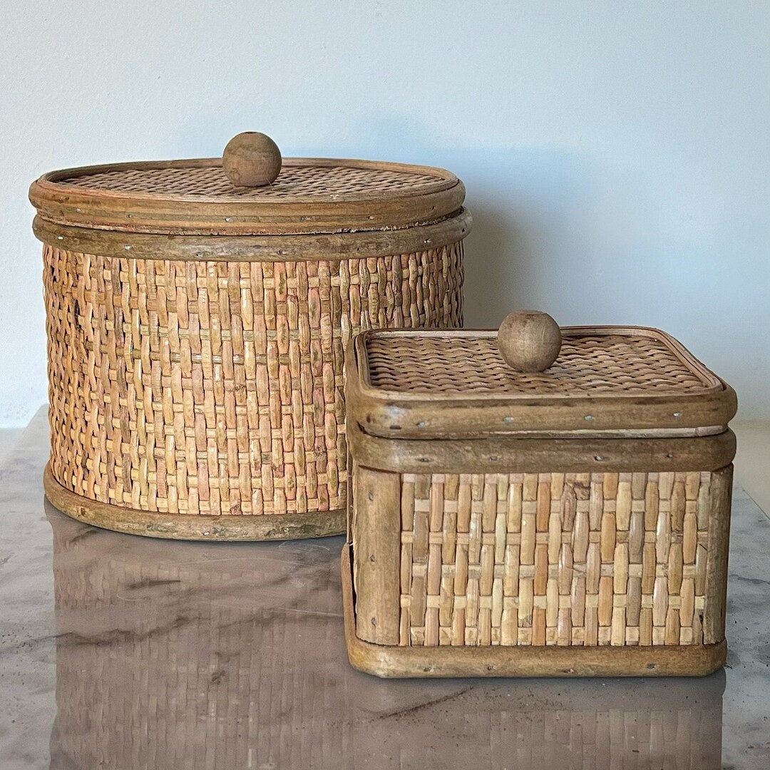 Pair of Vintage Woven Boxes With Lids - Etsy