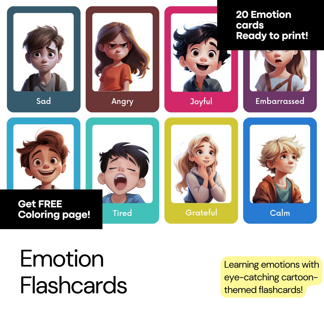 Printable Emotion Flashcards With Cartoon Theme for Education - Etsy