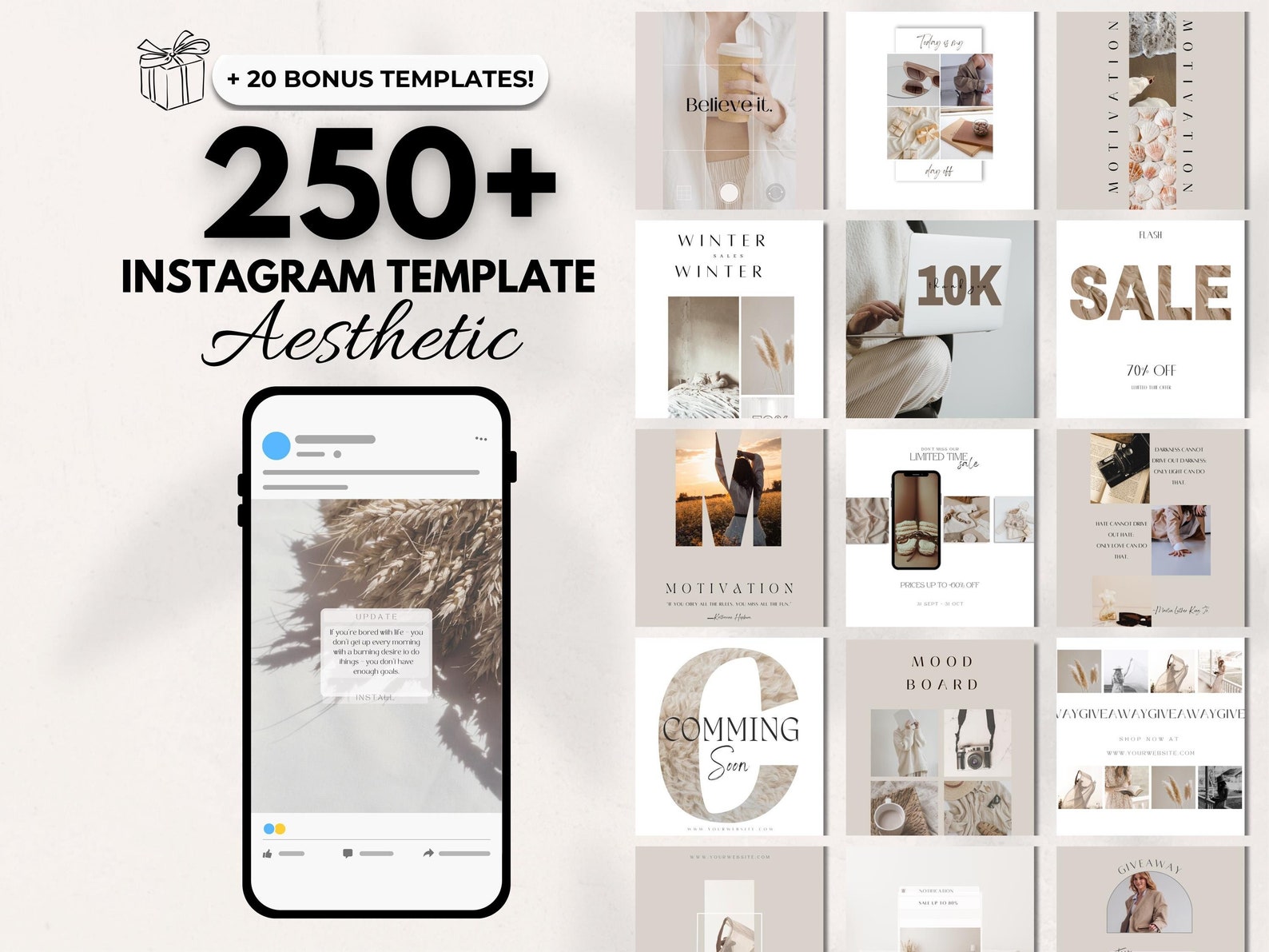 250 Aesthetic Instagram Post Templates for Canva | Editable Social ...