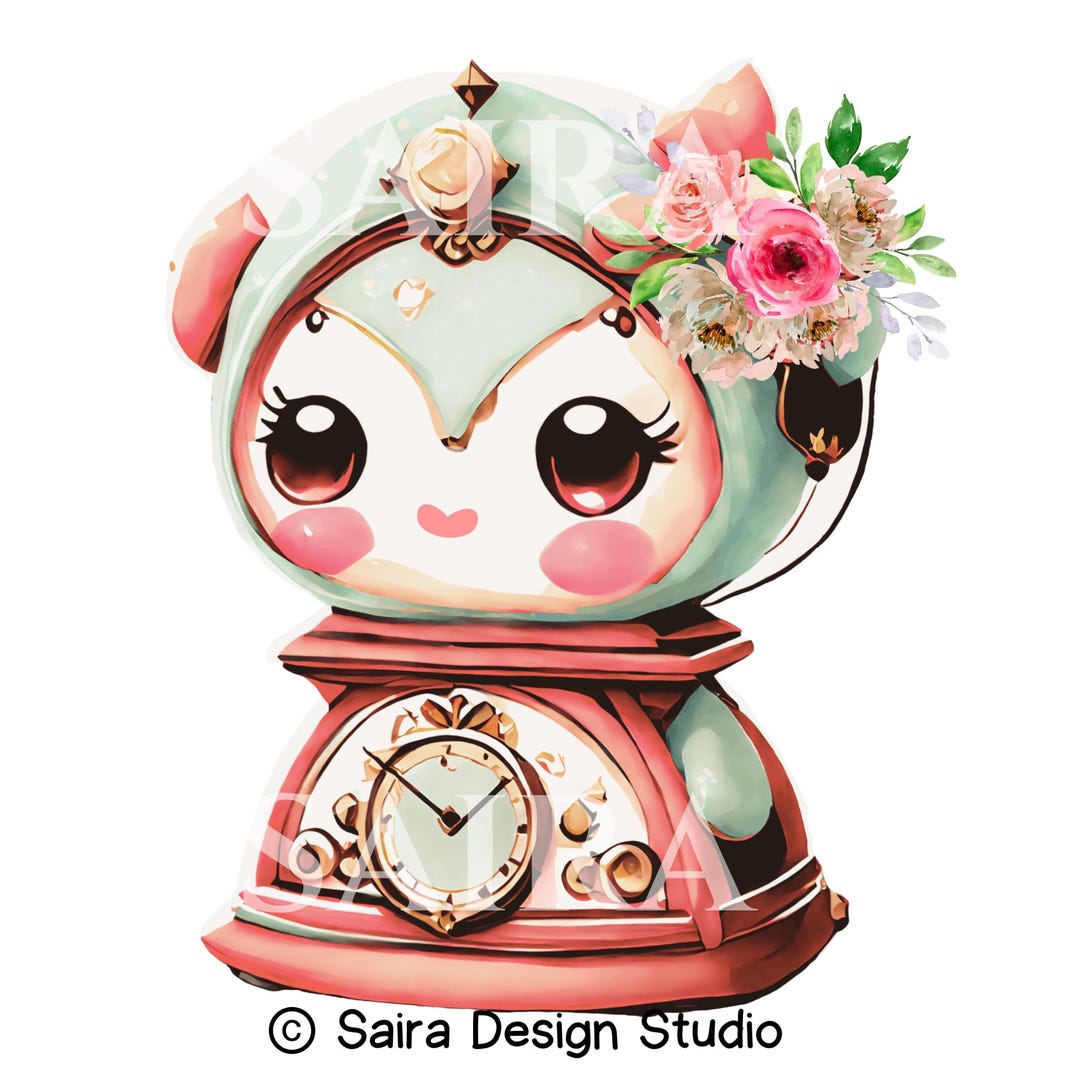 Cute Kawaii Cartoon Clock Transparent PNG, Vintage Floral Clock Clipart ...