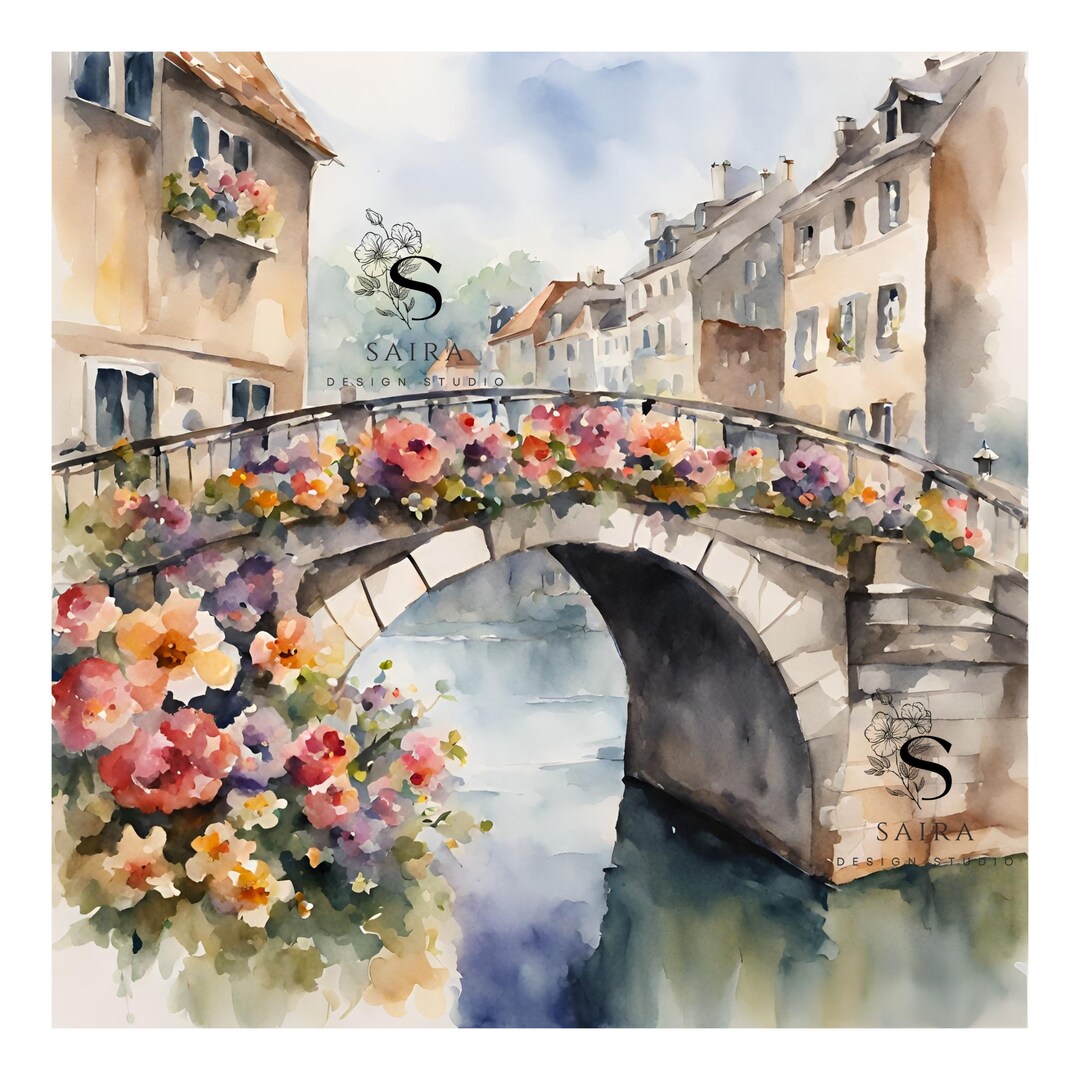 Watercolor Flowers on Bridge Digital Art Print | Square Wall Art ...