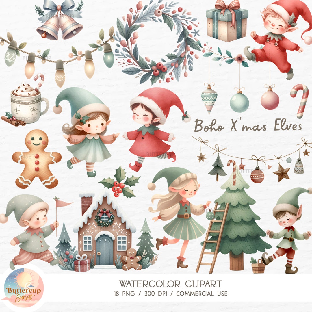Boho Christmas Elves Clipart: Muted Tones Elf Letters X'mas Decor (PNG ...