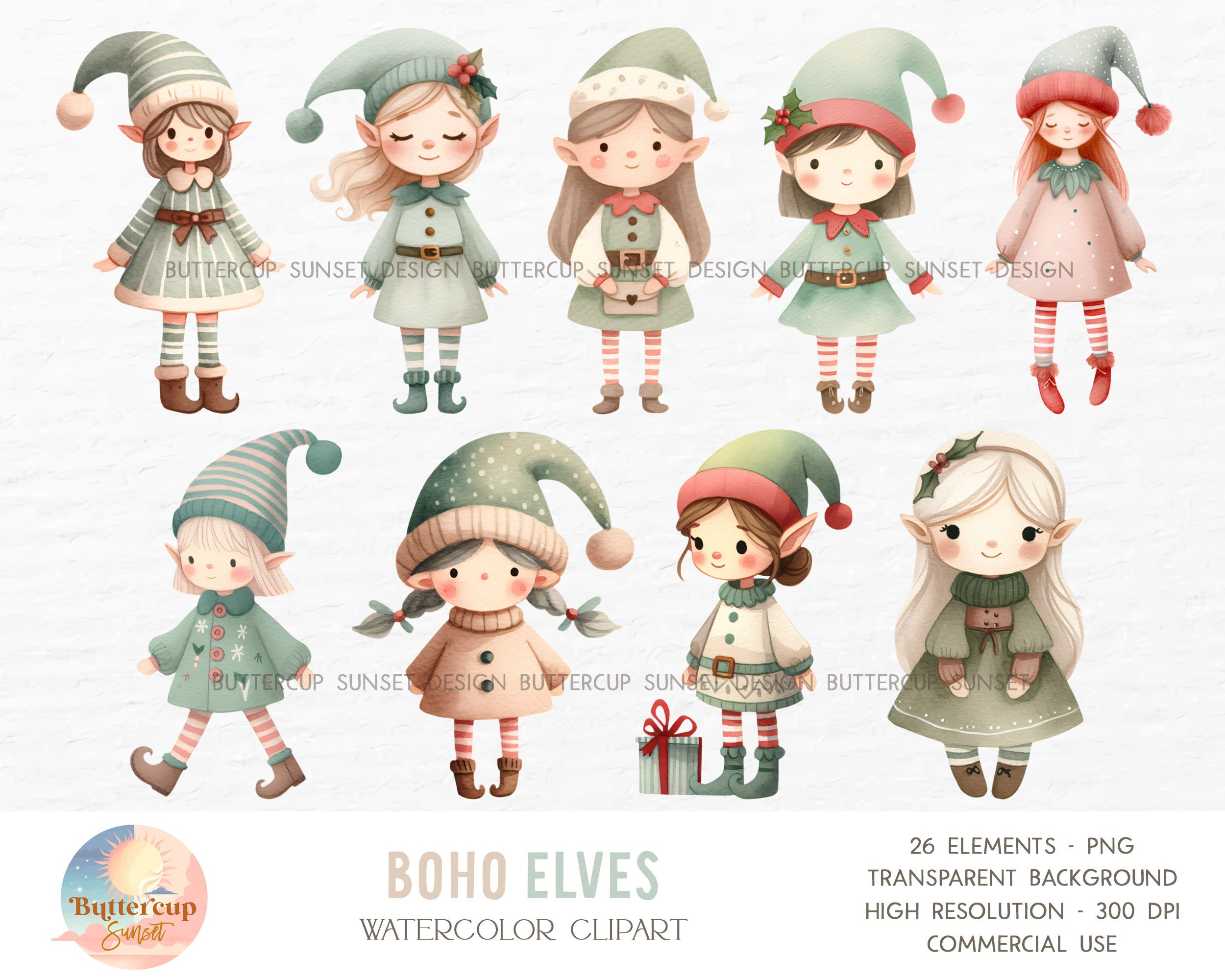 Boho Christmas Elves Clipart: Muted Tones Boho Elf Letters Xmas ...