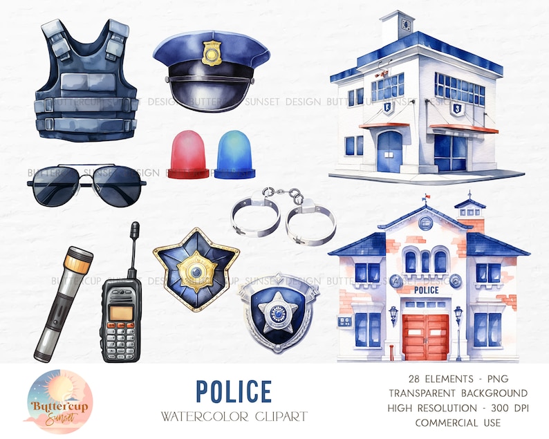 28 Police Department Watercolor Clipart PNG Police Station Police ...