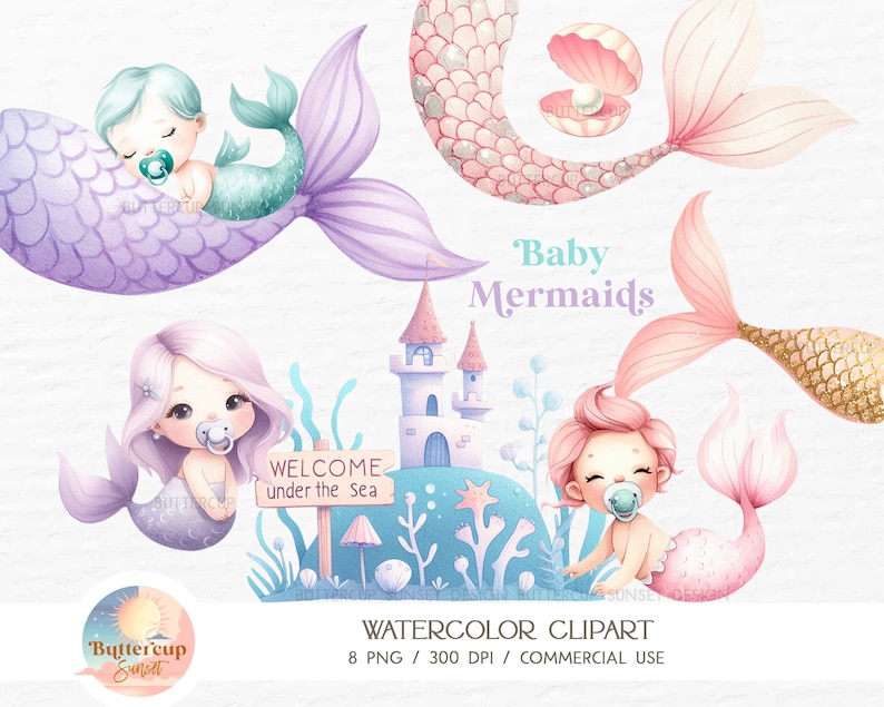 8 Baby Mermaids Watercolor Clipart PNG Digital Download - Etsy Australia
