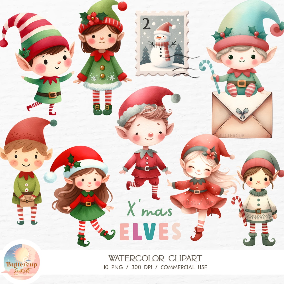 10 Elves Christmas Watercolor Clipart PNG Digital Download | Elf ...