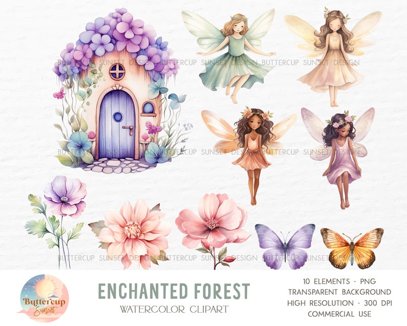 10 Enchanted Forest Fairy Watercolor Clipart PNG Digital - Etsy