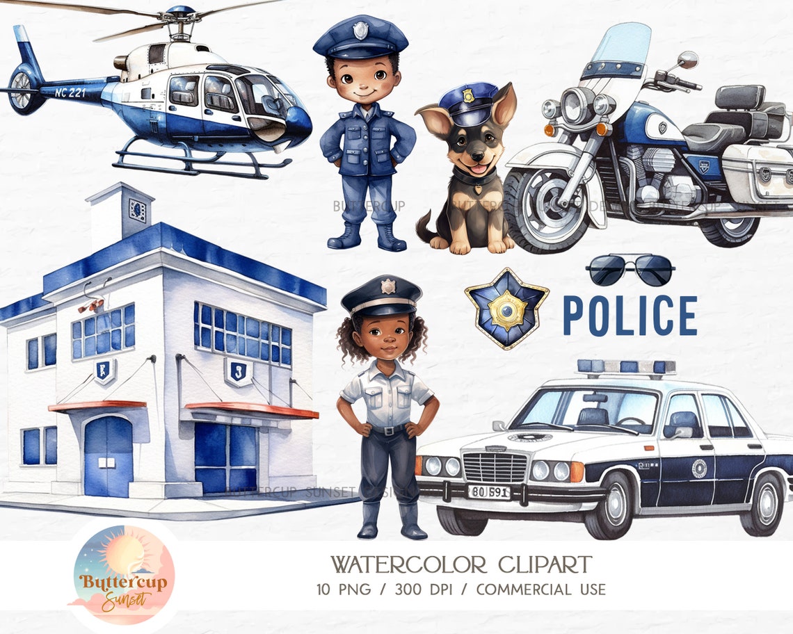 10 Police Department Watercolor Clipart PNG Dark Skin Police - Etsy