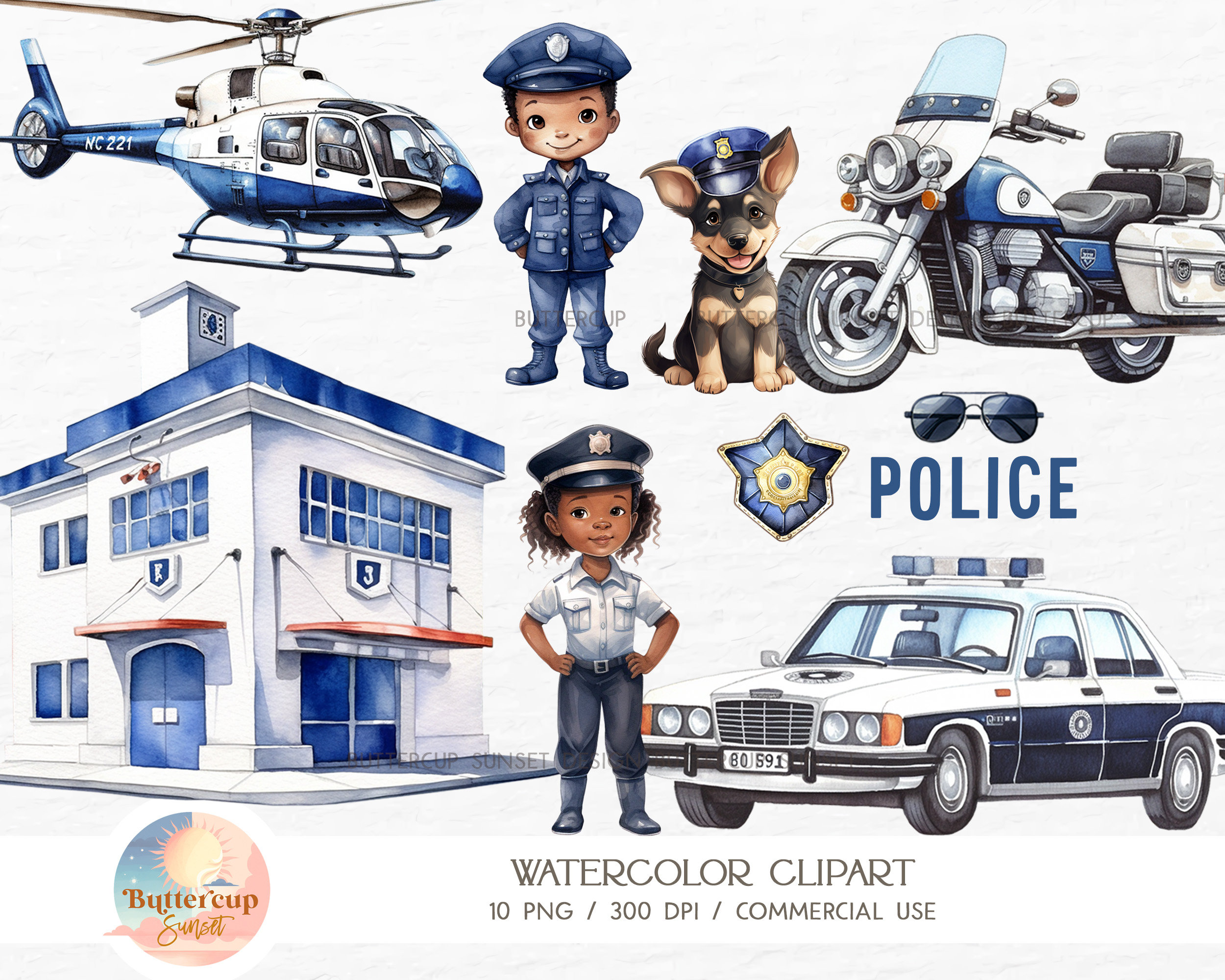 10 Police Department Watercolor Clipart PNG Dark Skin Police - Etsy