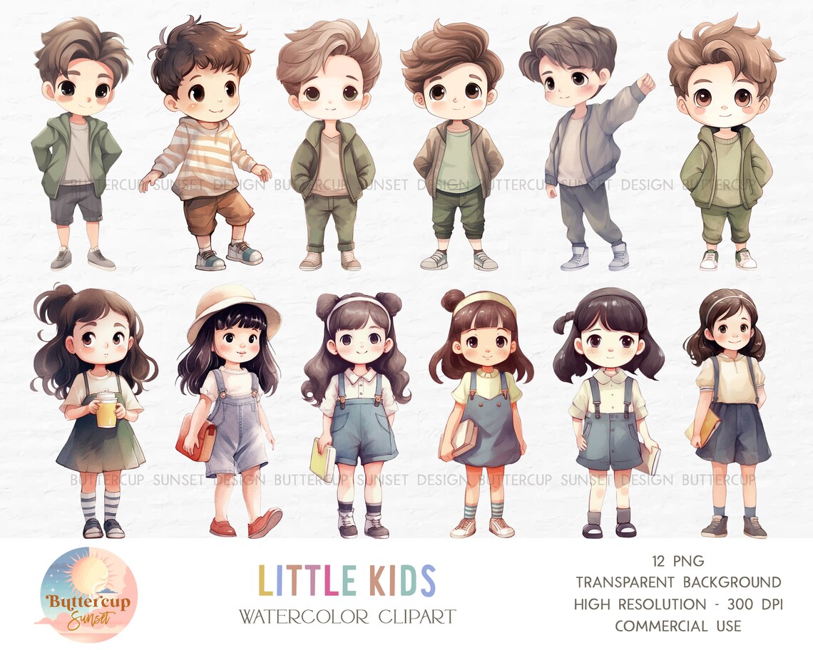 12 Little Kids Watercolor Clipart PNG Digital Download Cartoon Boys and ...