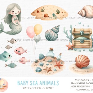 35 Baby Sea Animals Watercolor Clipart PNG Digital Download | Cute ...