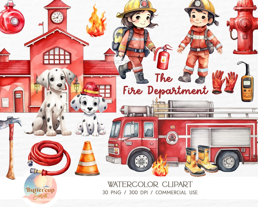 30 Fire Department Watercolor Clipart PNG | Fire Station Fireman Fire ...