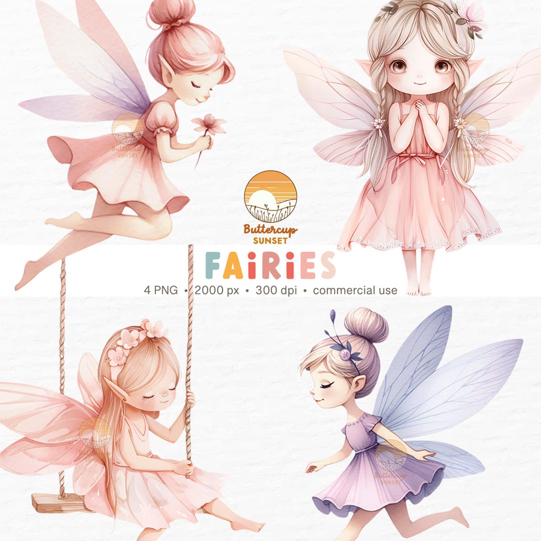 4 Pastel Fairies Watercolor Clipart PNG Digital Download | Fairy Garden ...
