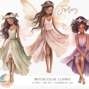 12 Dark Skin Fairies Watercolor Clipart PNG Digital Download | Black ...