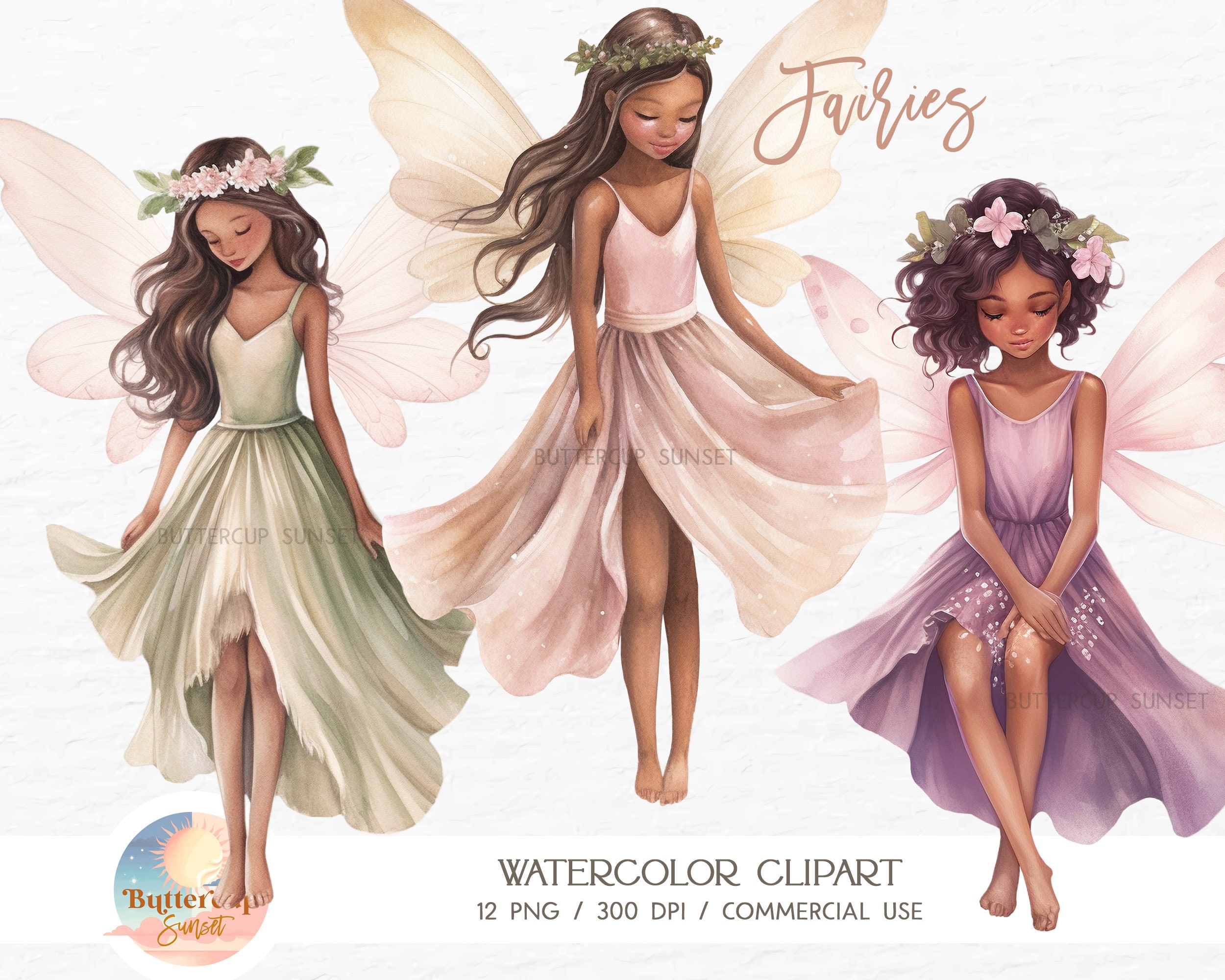 12 Dark Skin Fairies Watercolor Clipart PNG Digital Download - Etsy