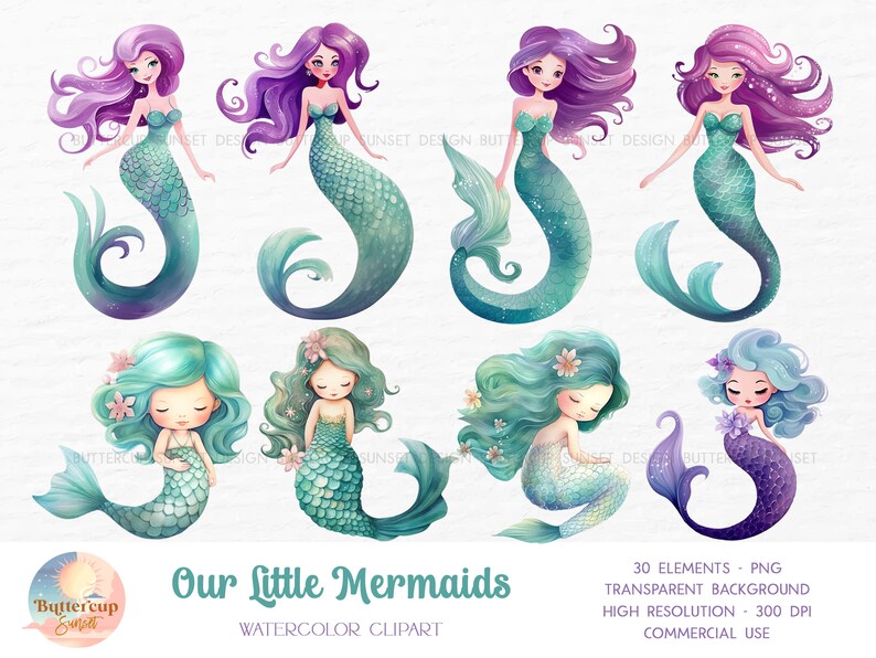 30 Little Mermaids Watercolor Clipart PNG Digital Download - Etsy