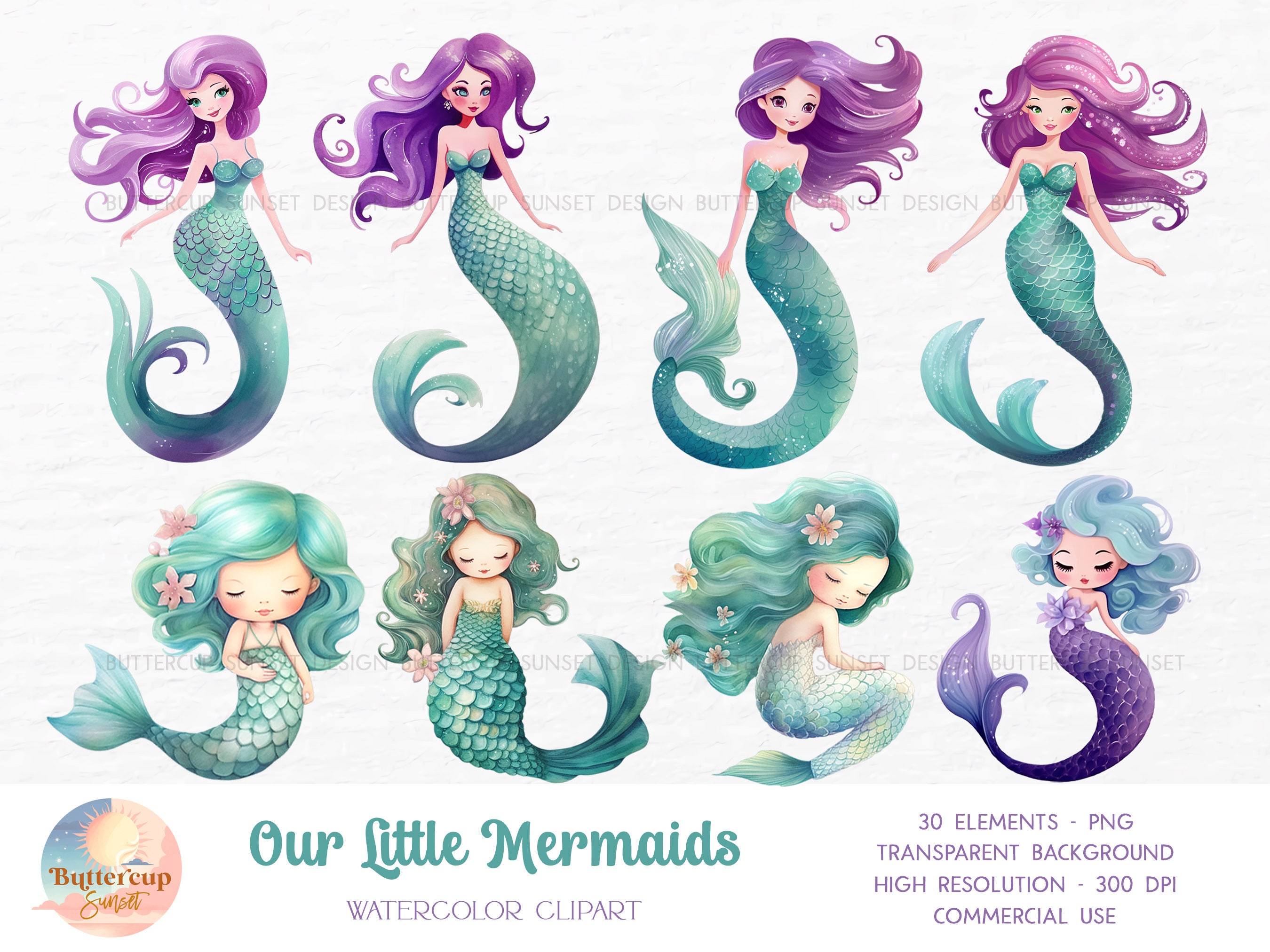 30 Little Mermaids Watercolor Clipart PNG Digital Download - Etsy