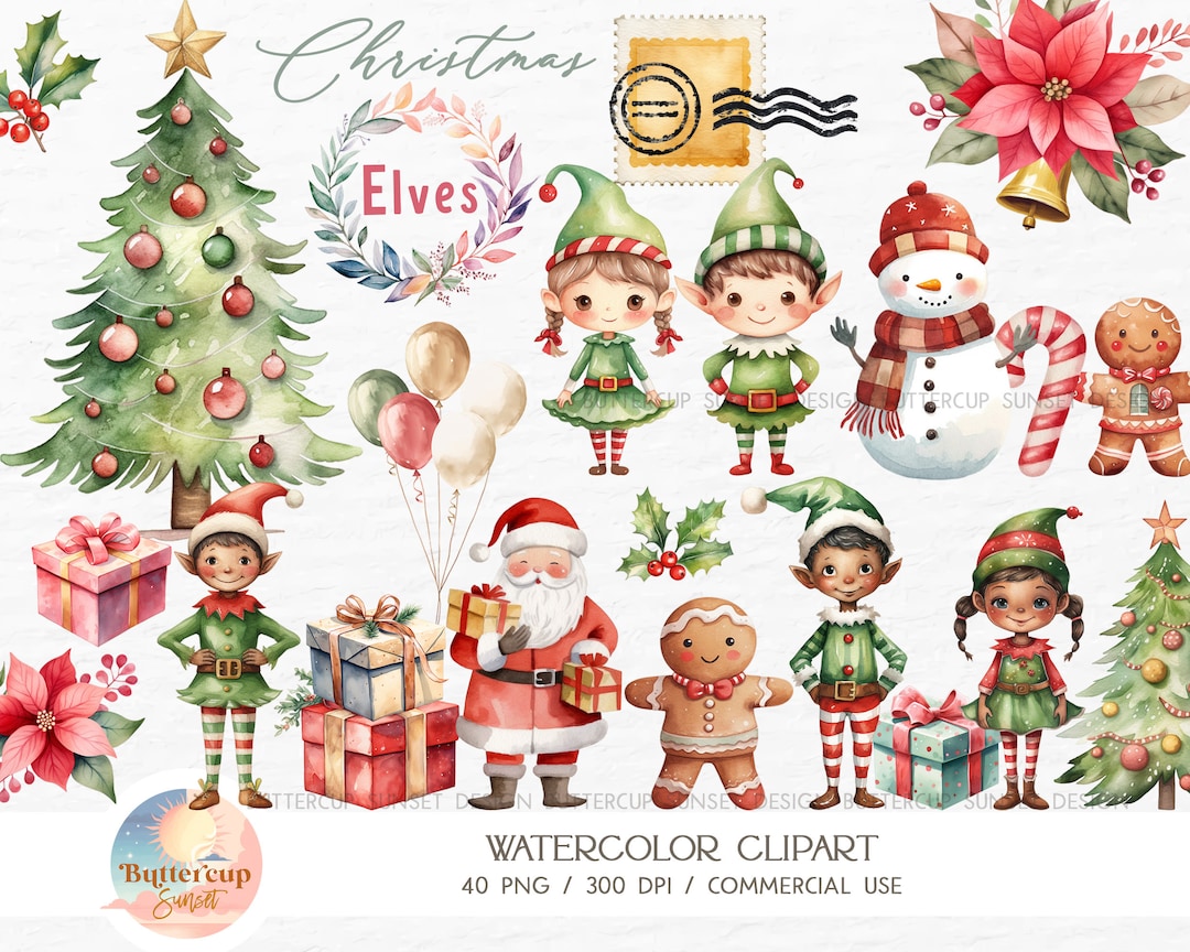 40 Christmas Elves Watercolor Clipart PNG Digital Download | Christmas ...