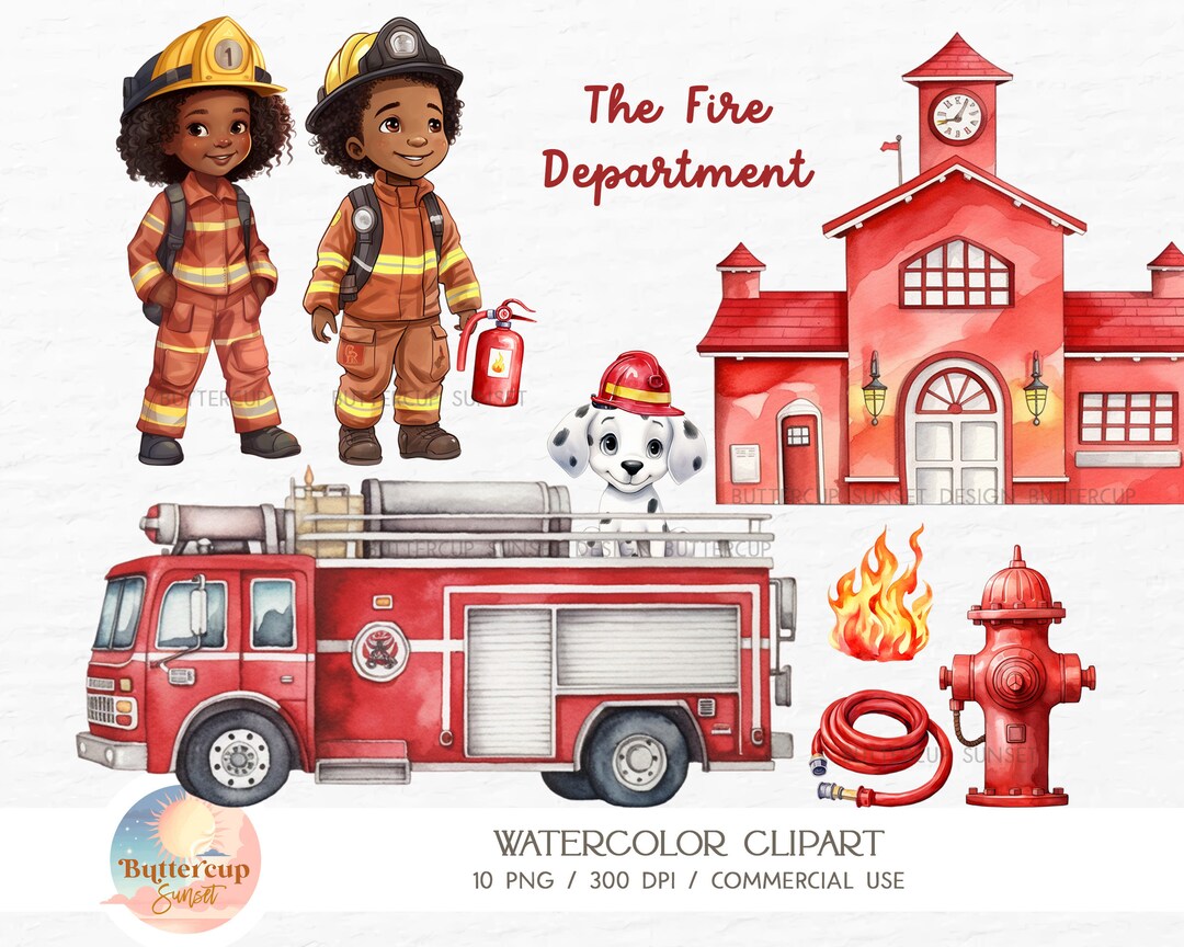 10 Fire Department Watercolor Clipart PNG | Dark Skin Firefighter PNG ...