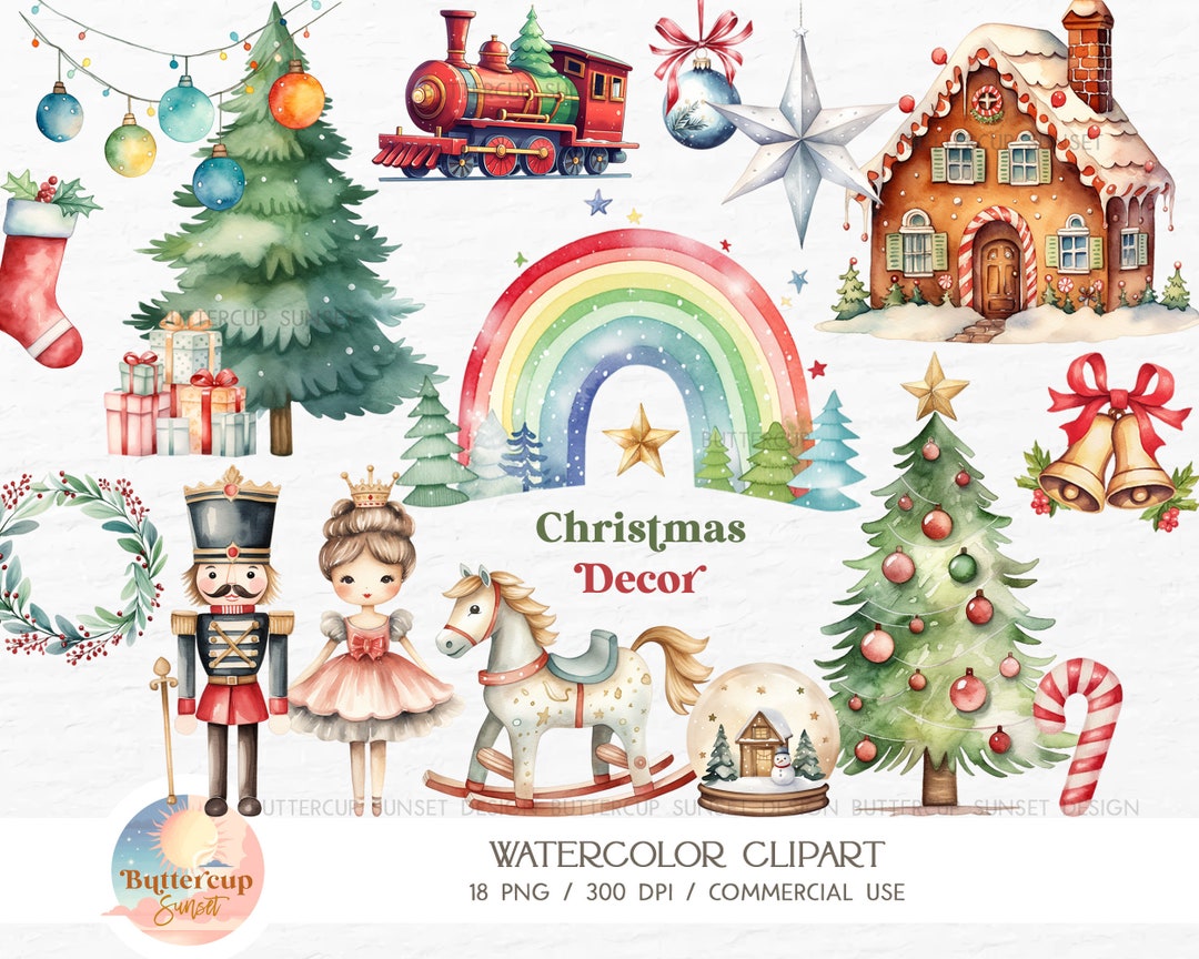 18 Christmas Decor Watercolor Clipart PNG Digital Download | Christmas ...
