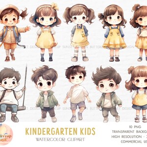 10 Kindergarten Kids Watercolor Clipart PNG Digital Download | Cartoon ...