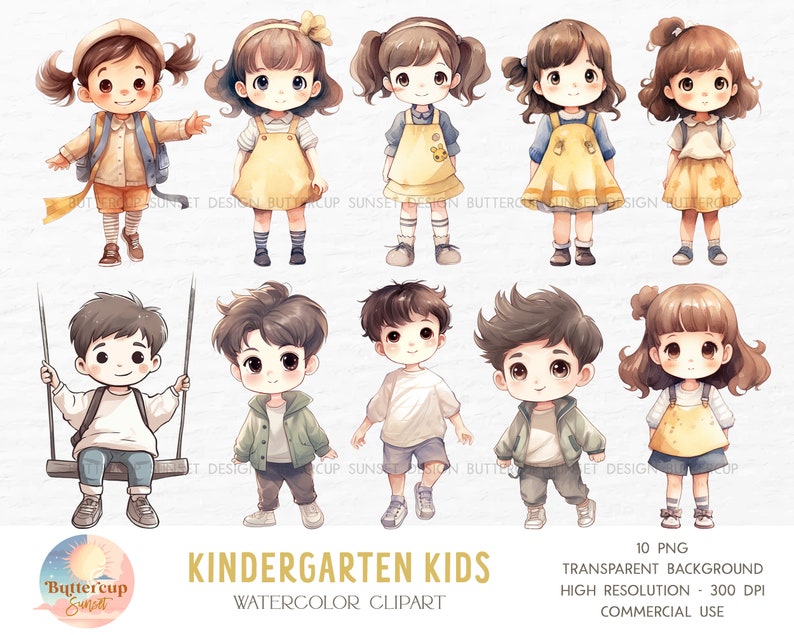 10 Kindergarten Kids Watercolor Clipart PNG Digital Download Cartoon ...